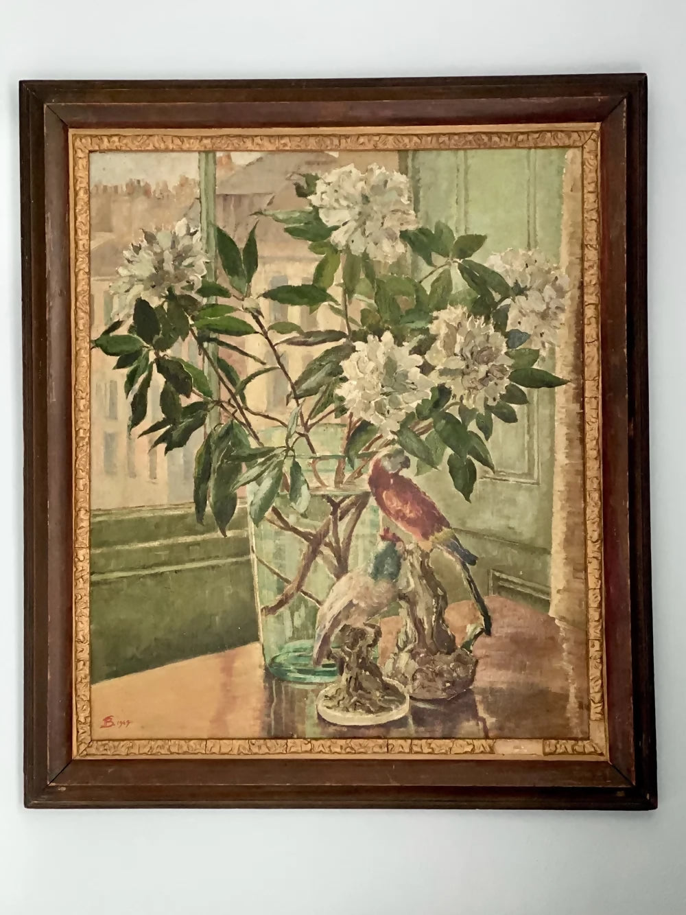 LARGE OIL STILL LIFE OF FLOWERS WITH COCKATOOS BY RELIC INTERIORS – SALON